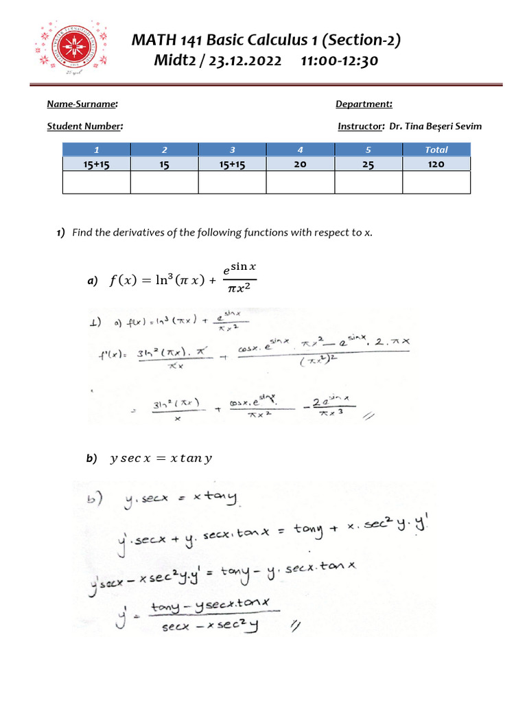 Math 141 - Section 2 - Midterm II - Solution Key | PDF | Calculus | Function (Mathematics)