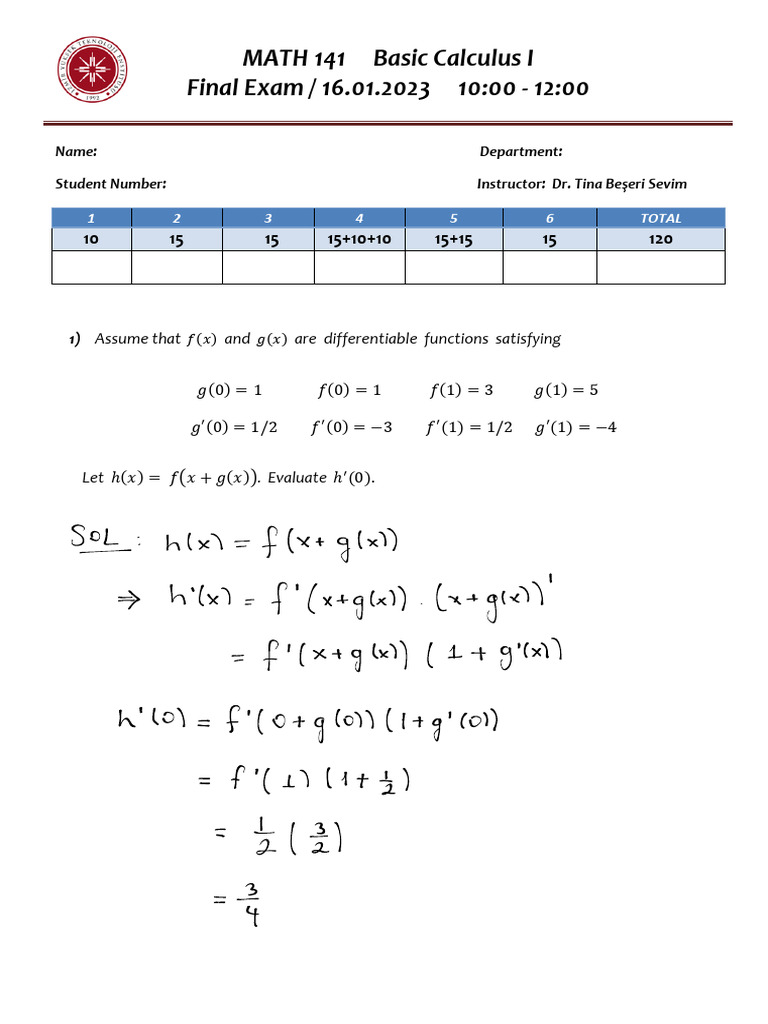 Math 141 Final - Exam - 2022 - 2023 - Fall - Soln Key | PDF | Tangent | Calculus