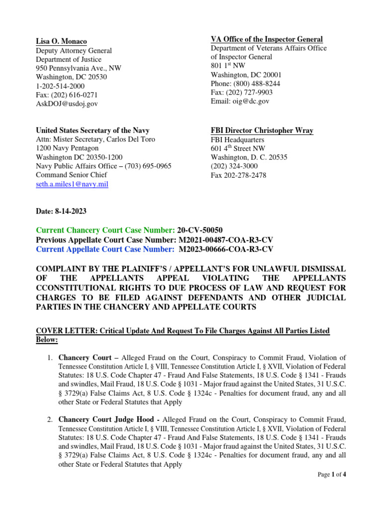 Cover Letter To DOJ FBI VA OIG SECNAV Critical Update 8-18-2023 | PDF ...
