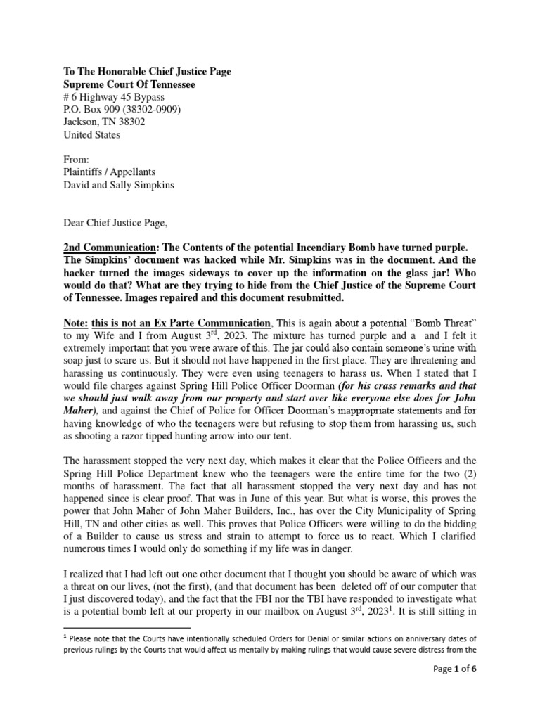 Letter To Chief Justice Page of Potential Bomb Threat 8-25-2023 | PDF