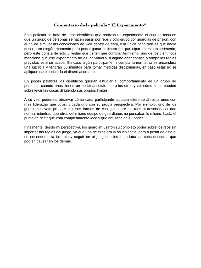 Comentario de La Película " El Experimento" | PDF