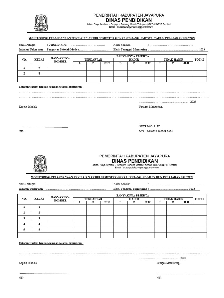 Instrumen Monev PAS Genap TK, PAUD, SD, SMP, SMA DAN SMK 2023 | PDF