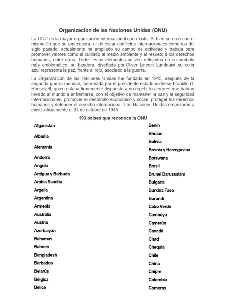 Organización de Las Naciones Unidas (ONU) : 193 Países Que Reconoce La ONU | PDF | Naciones ...