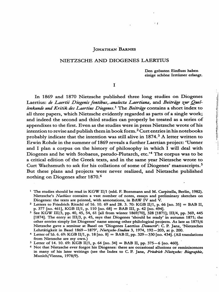 BARNES, J. Nietzsche and Diogenes Laertius | PDF | Friedrich Nietzsche ...