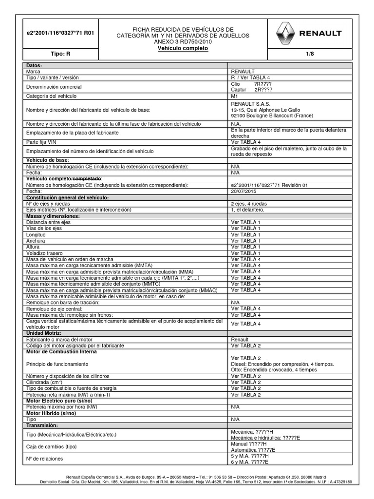Ficha Reducida de Vehículos de Categoría M1 Y N1 Derivados de Aquellos ...