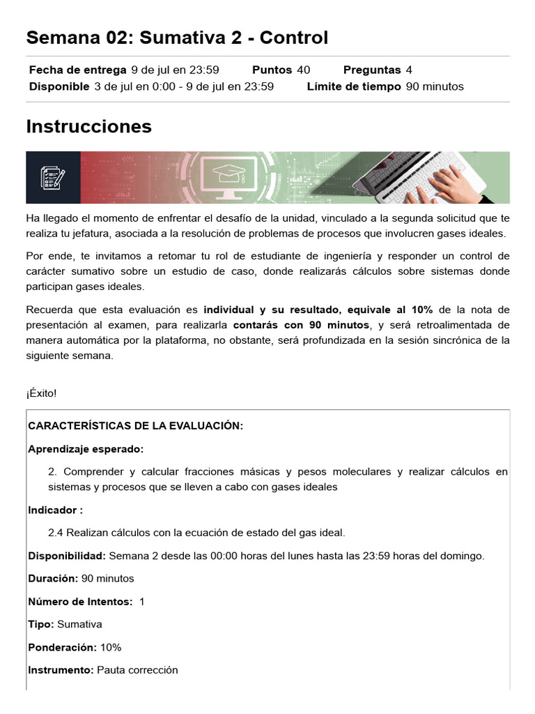 Semana 02 - Sumativa 2 - Control - 202315.1484 - Procesos Industriales | PDF | Evaluación | Gases