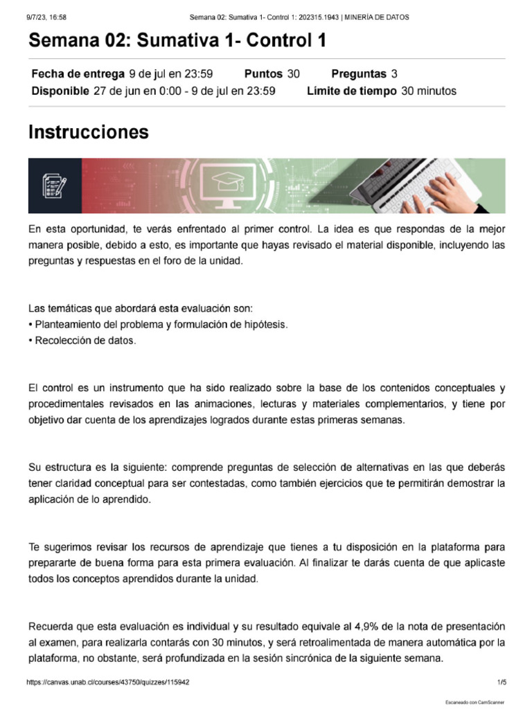 Semana 02 - Sumativa 1 - Control 1 - 202315.1943 - MINERÍA de DATOS | PDF