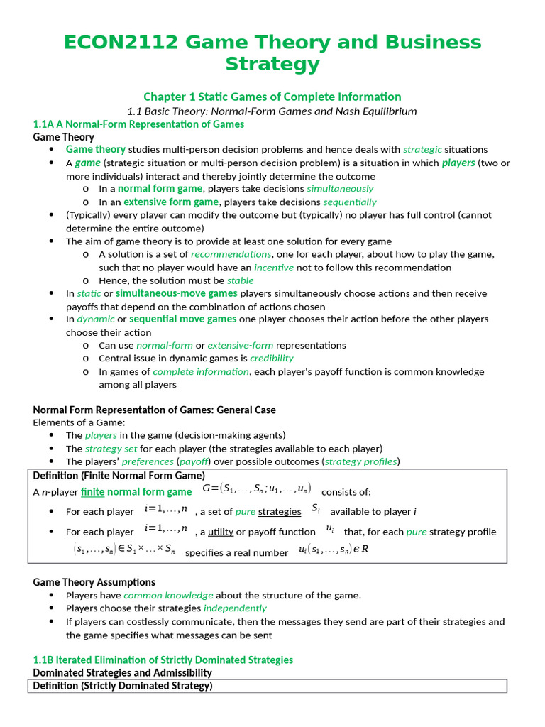 ECON2112 Study Notes | PDF | Game Theory | Economic Theories