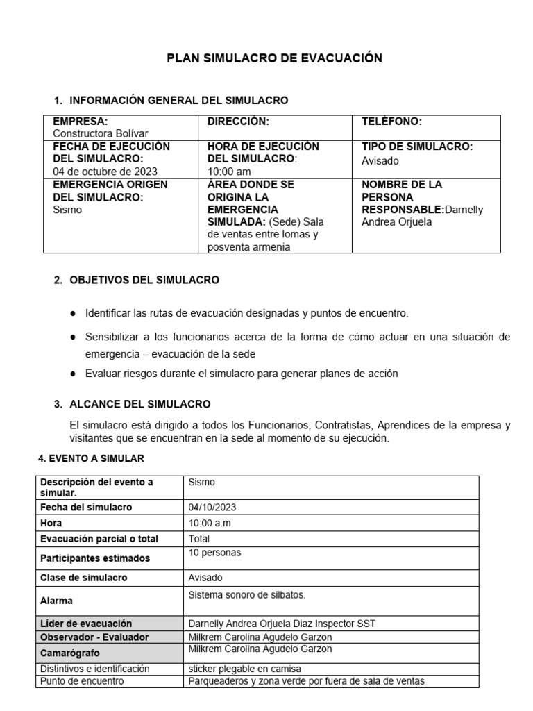 Plan Simulacro de Evacuacion 2023 | PDF | Simulación