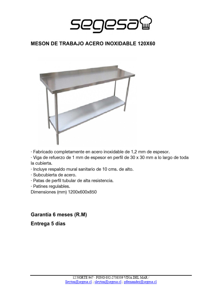 Ficha Tecnica Meson de Trabajo Acero Inoxidable 120X60 | PDF