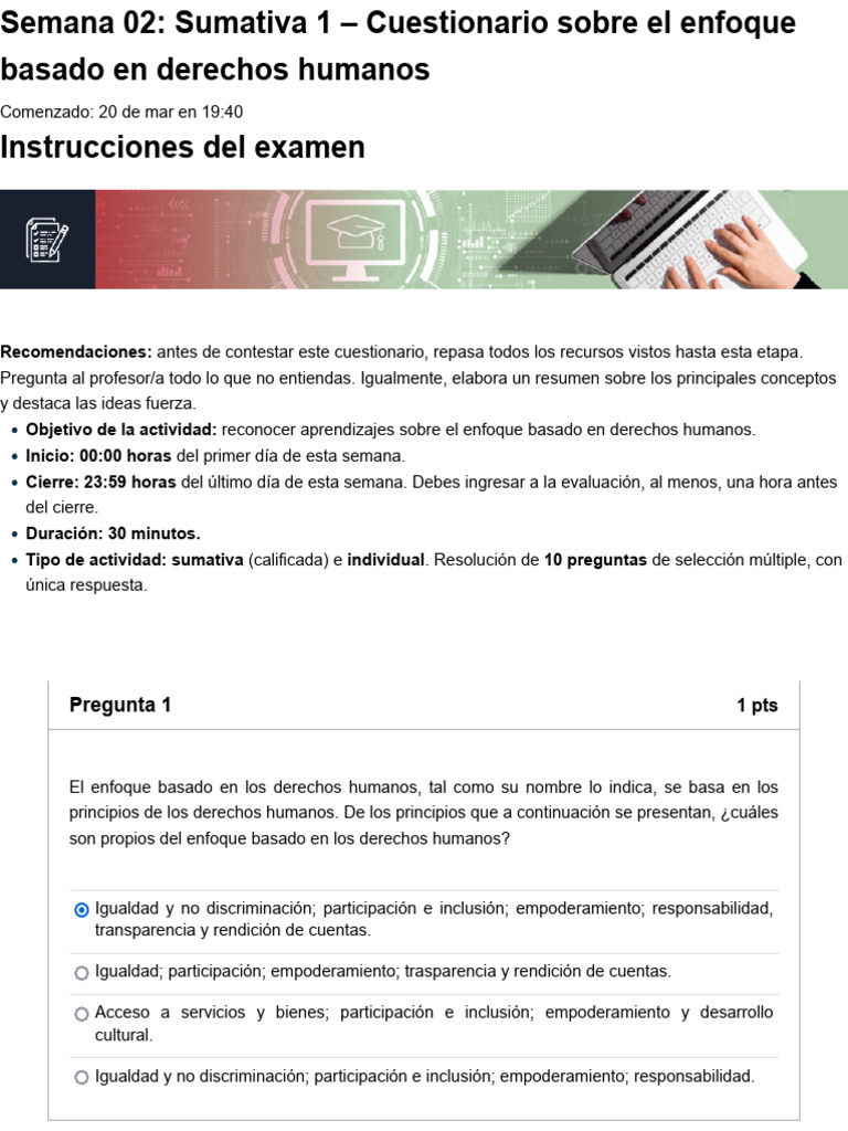 Examen Semana 02 Sumativa 1 - Cuestionario Sobre El Enfoque Basado en Derechos Humanos - APM10 ...
