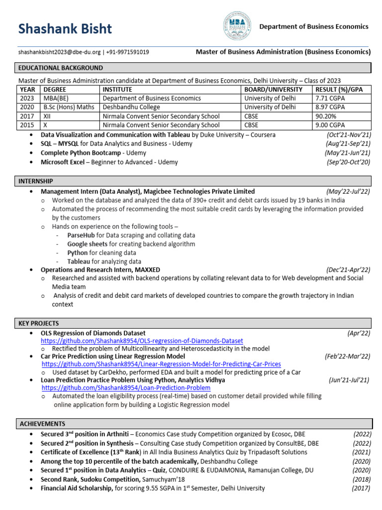 Shashank Bisht CV | PDF | Analytics | Data