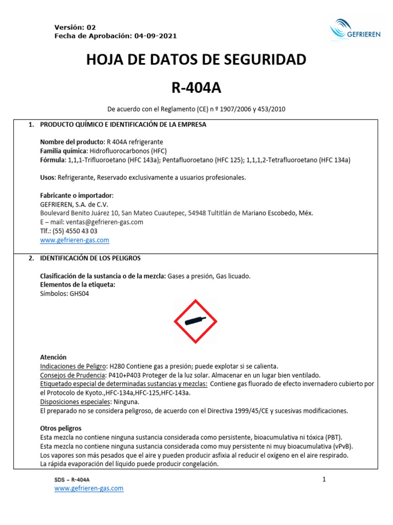 Hoja de Datos de Seguridad R-404A: Versión: 02 Fecha de Aprobación: 04-09-2021 | PDF | Agua ...