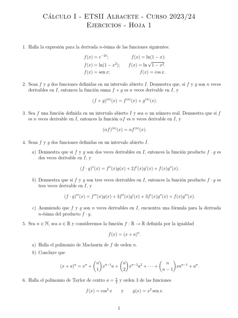Hoja 1 - Calculo Diferencial | PDF | Ecuaciones | Derivado
