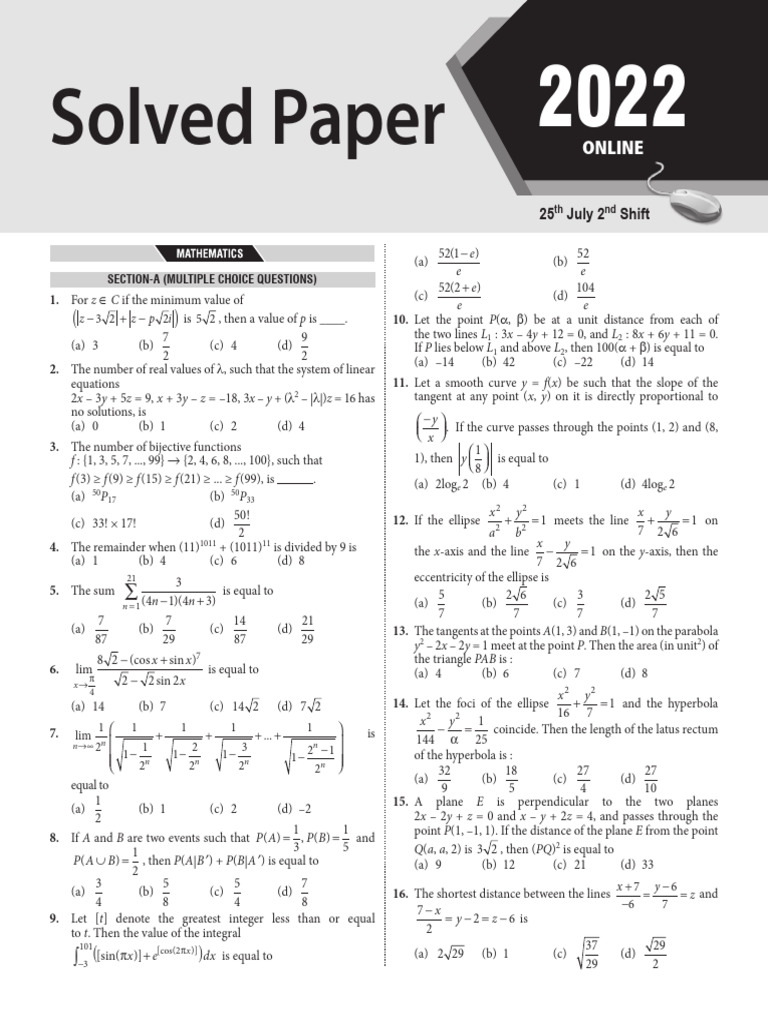 JEE Maths Solved Paper 2022 | PDF | Perpendicular | Ellipse