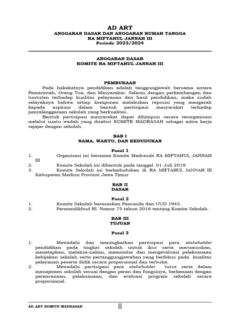 AD - ART KOMITE Sekolah | PDF | Ilmu Sosial | Kesehatan Holistik