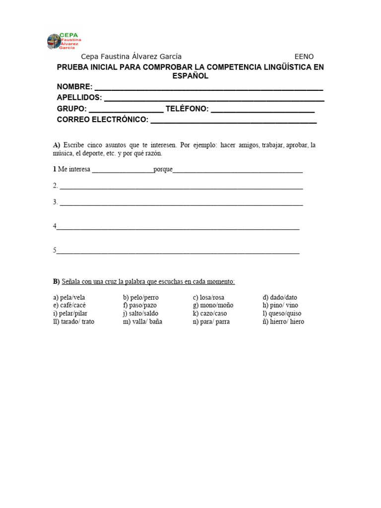 Prueba de Nivel de Español | PDF | Léxico | Lingüística