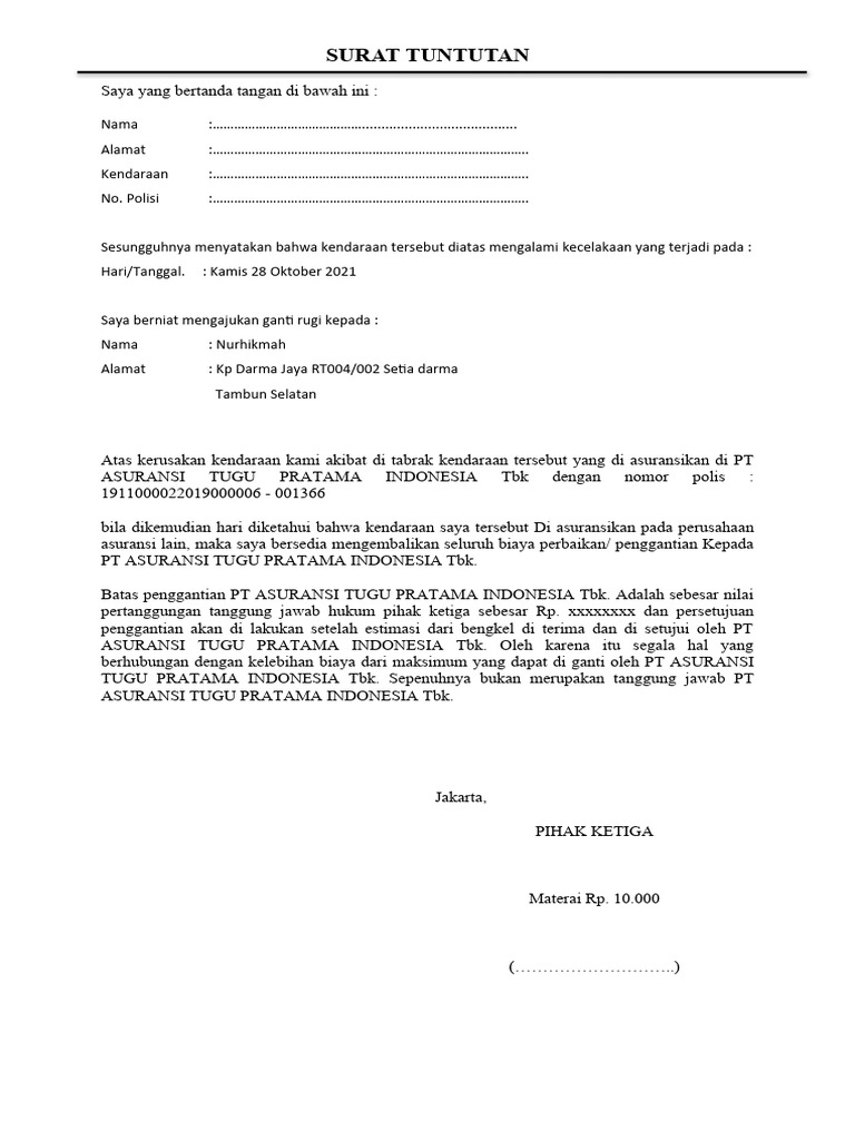 Surat Perjanjian Ganti Rugi | PDF