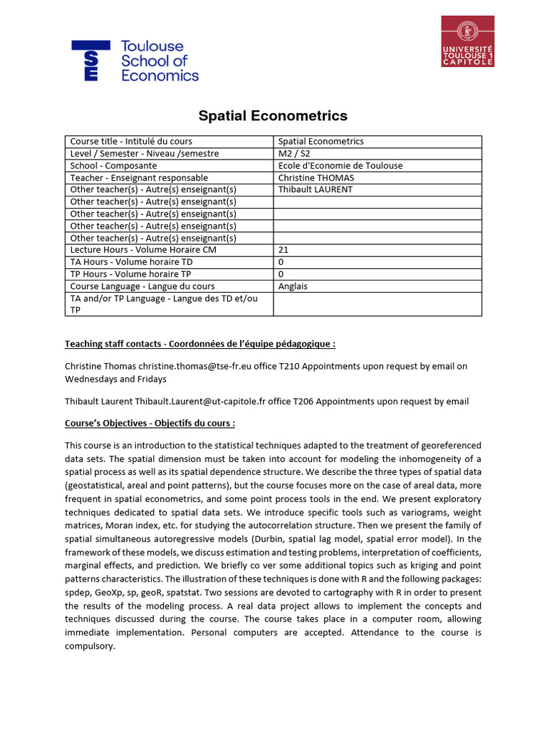 m2 s2 Spatial Econometrics Thomas Laurent | PDF | Spatial Analysis | Applied Mathematics