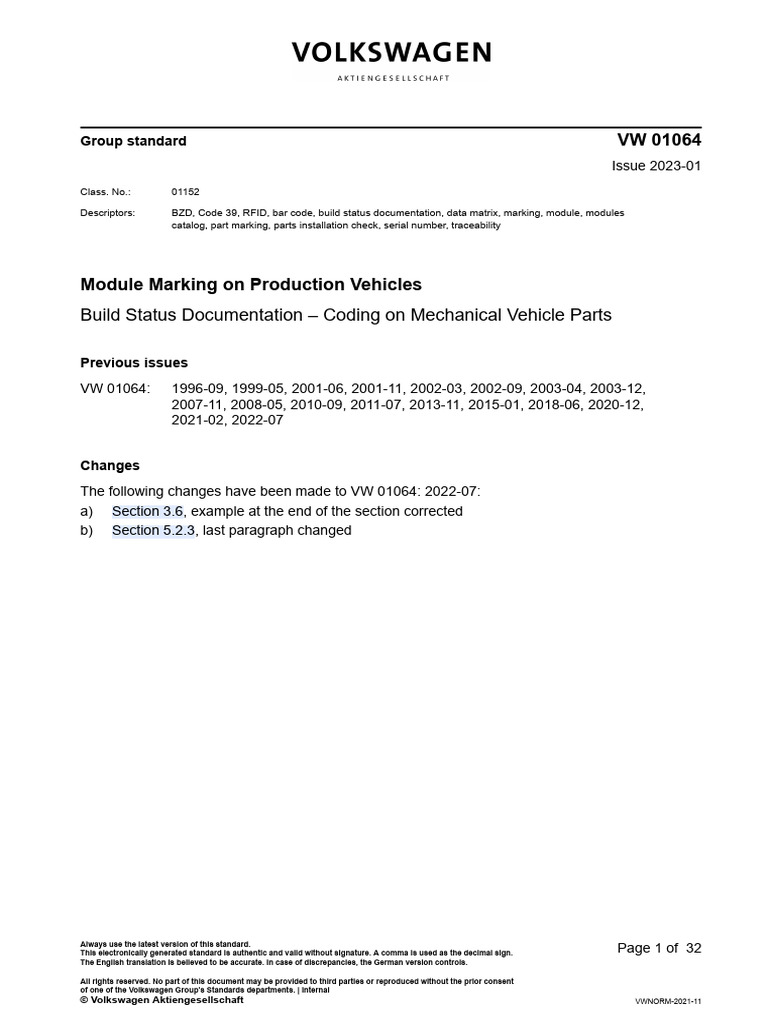 VW 01064 en | PDF | Information | Barcode