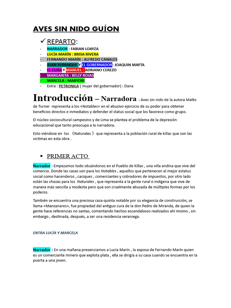 Guión Aves Sin Nido | PDF | Amor