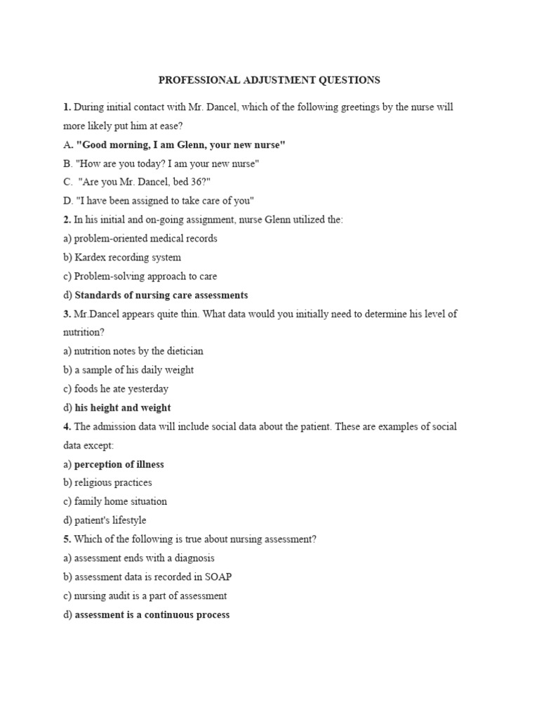 Professional Adjustment Questions | PDF | Nursing | Health Care