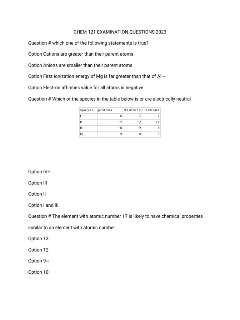 CHEM 121 Tutorial Questions 2023 | PDF | Coordination Complex | Periodic Table