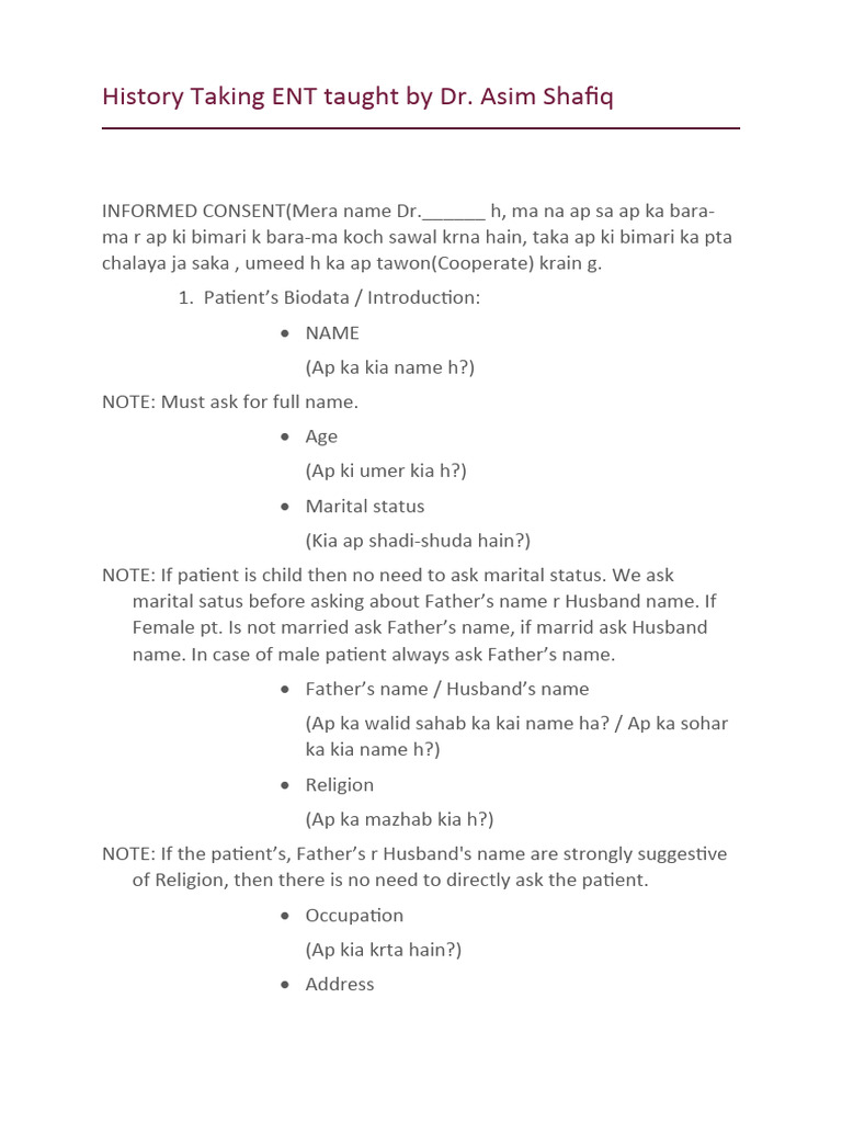 History Taking ENT | PDF | Vertigo | Medical Specialties