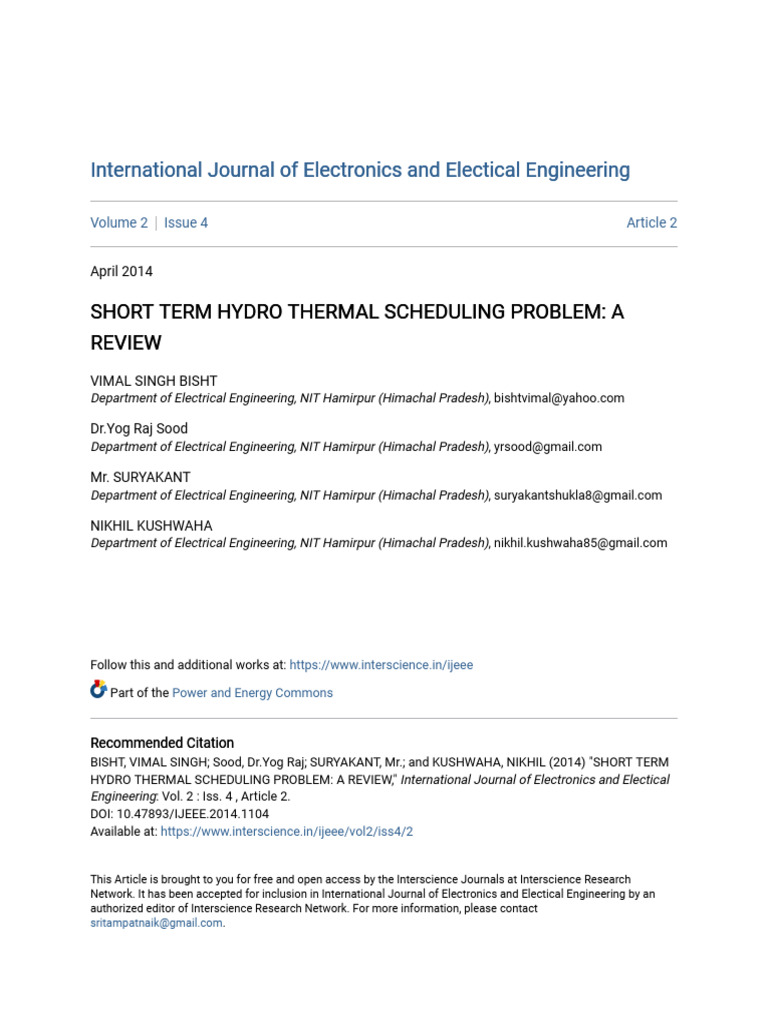 Short Term Hydro Thermal Scheduling Problem - A Review | PDF ... Short Term Hydro Thermal Scheduling Problem - A Review | PDF ...