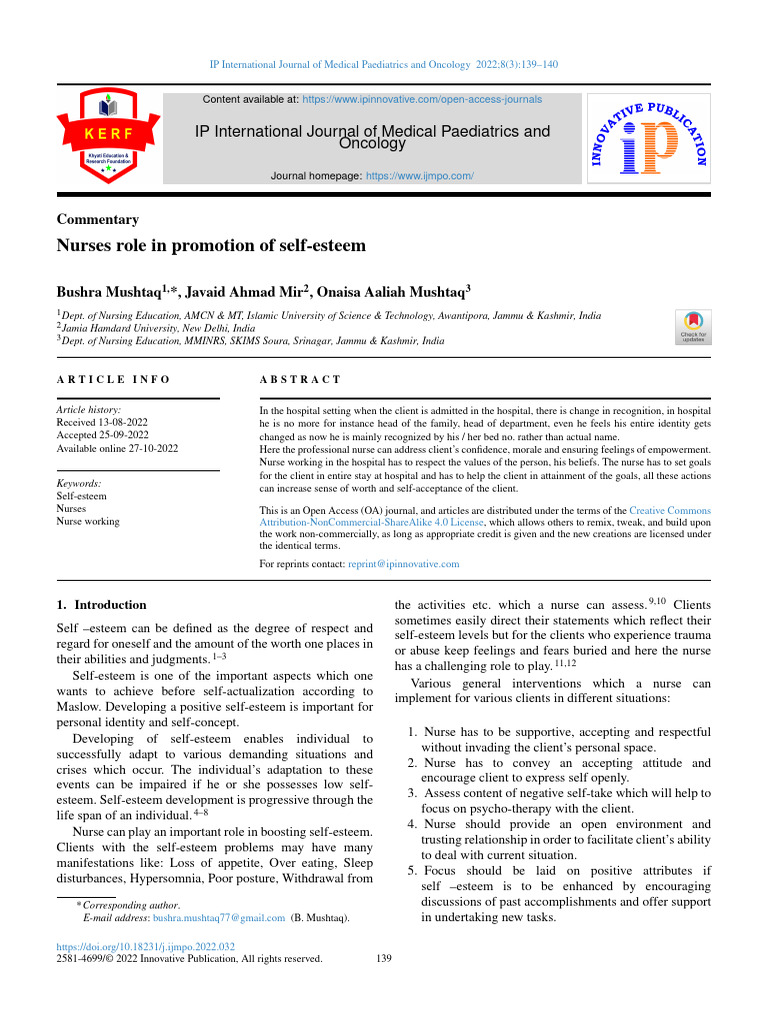 Nurses Role in Promotion of Self-Esteem | PDF | Self Esteem | Reference