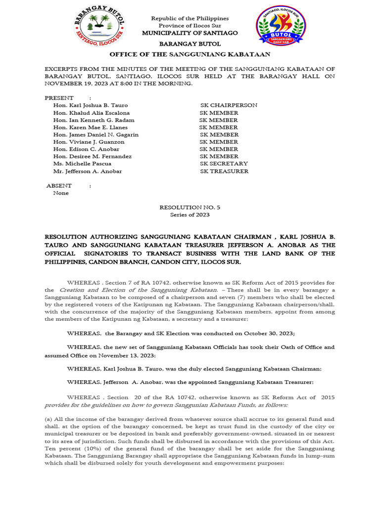 SK Resolution for Official Signatories | PDF | Philippines | Government