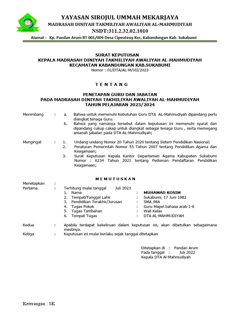 Yayasan Sirojul Ummah Mekarjaya: NSDT:311.2.32.02.1010 | PDF