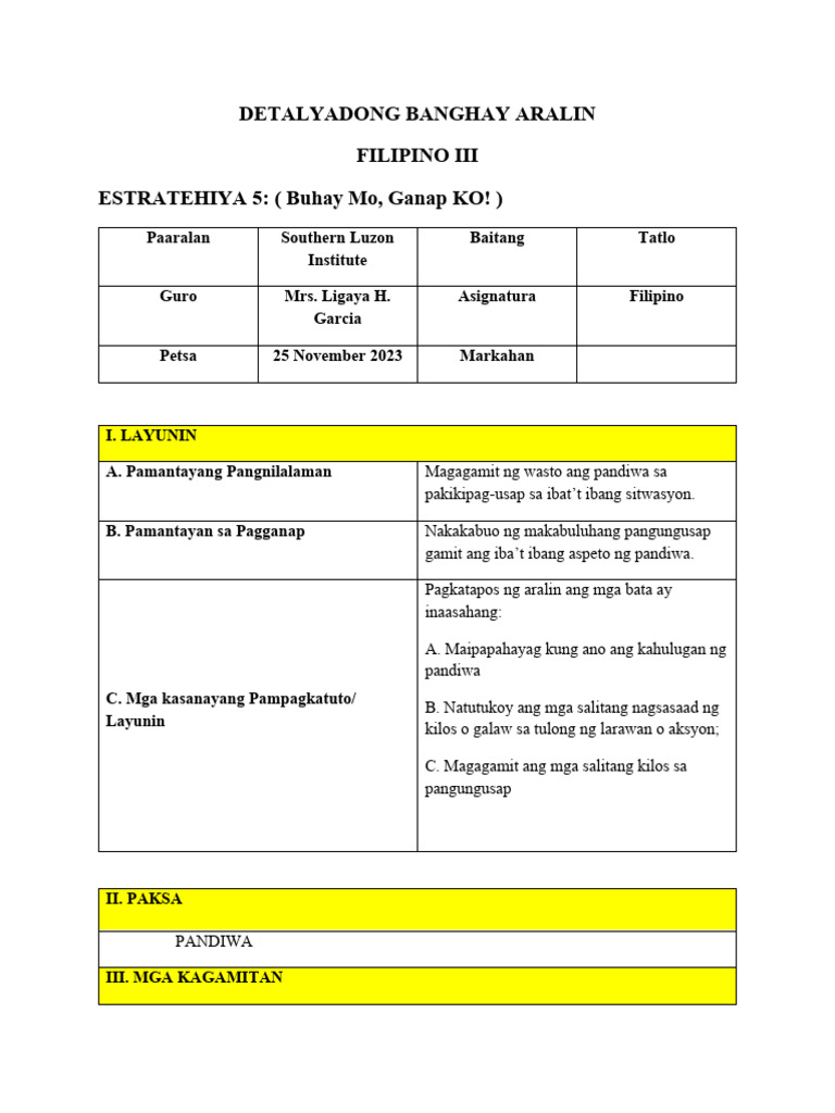 Detalyadong-Banghay Aralin Sa Filipino 3 | PDF
