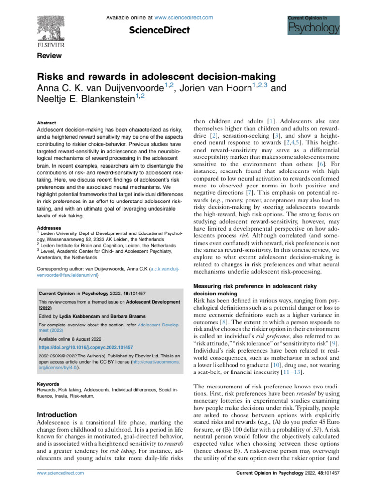 Risks and Rewards in Adolescent Decision-Making | PDF | Adolescence | Risk