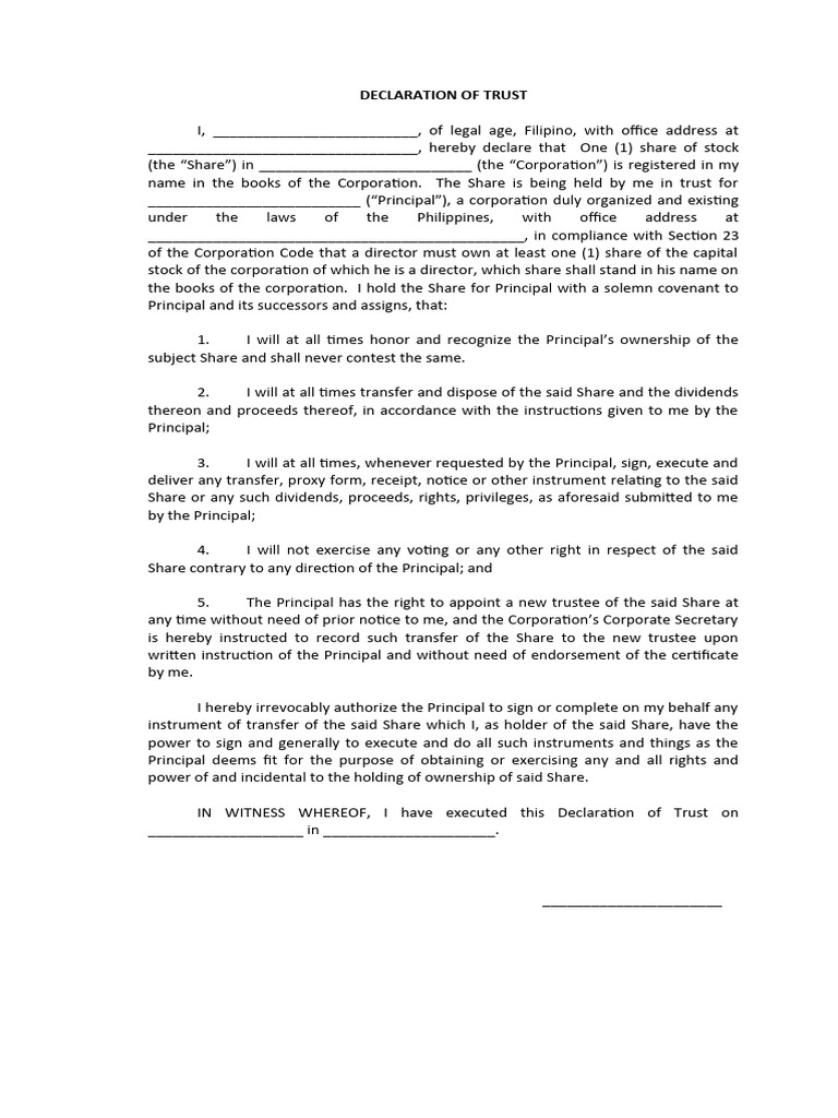 Declaration of Trust - Template | PDF | Trust Law | Corporations