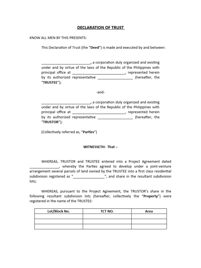 Declaration of Trust - Property - Template | PDF | Indemnity | Settlor