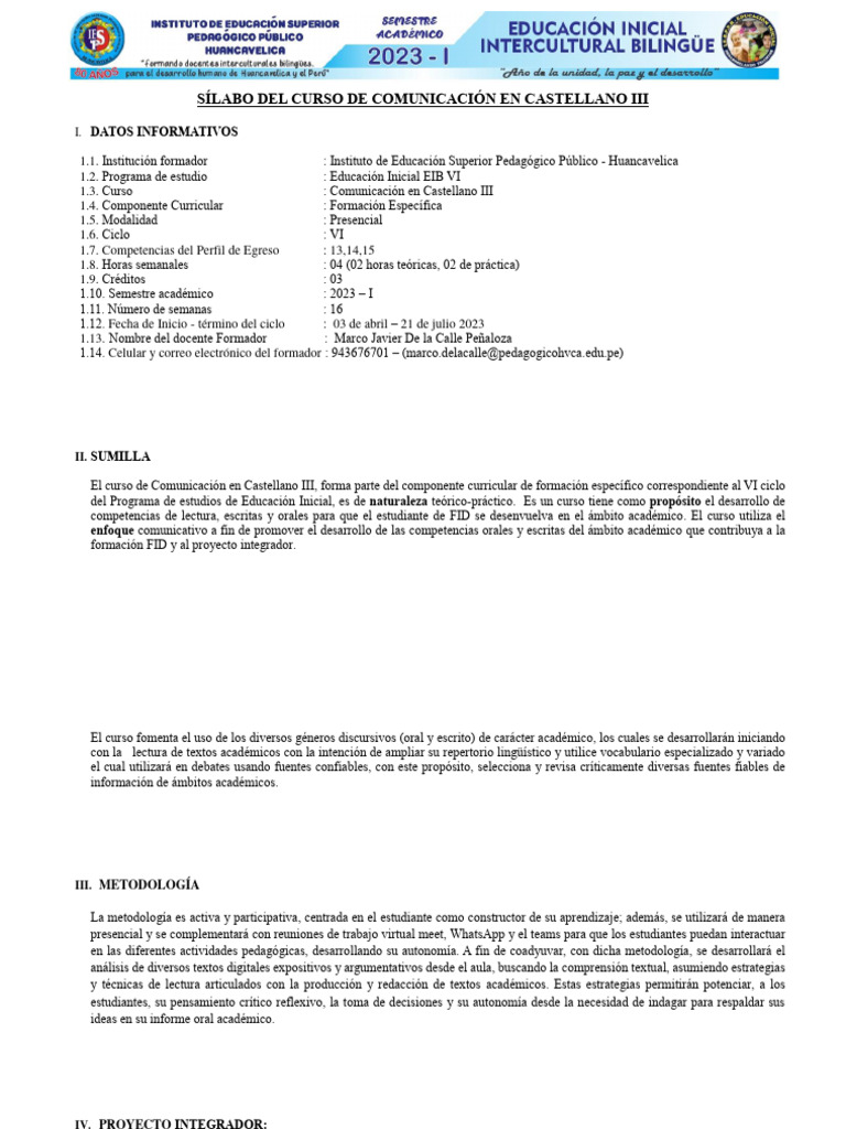 Sílabo Comunicación en Castellano III Inicial 2023-I - Final Final Ok - Docx | PDF | Aprendizaje ...