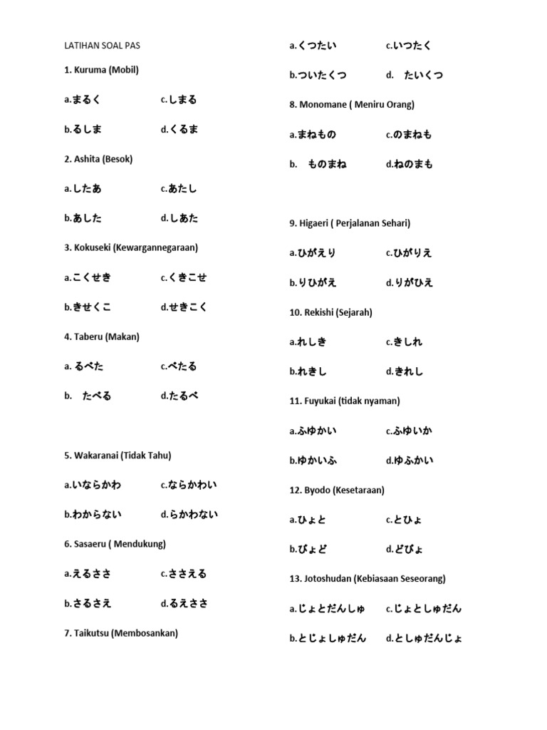 Latihan Soal Pas Bahasa Jepang Kelas 12 | PDF