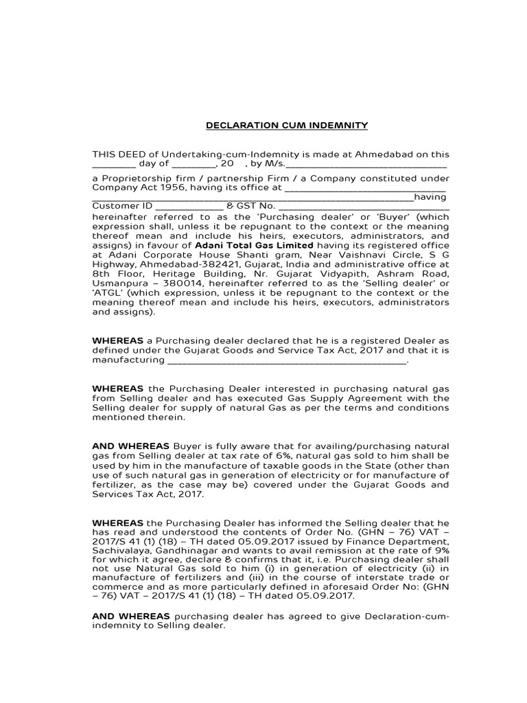 Commercial Declaration Cum Indemnity Commercial | PDF | Value Added Tax ...