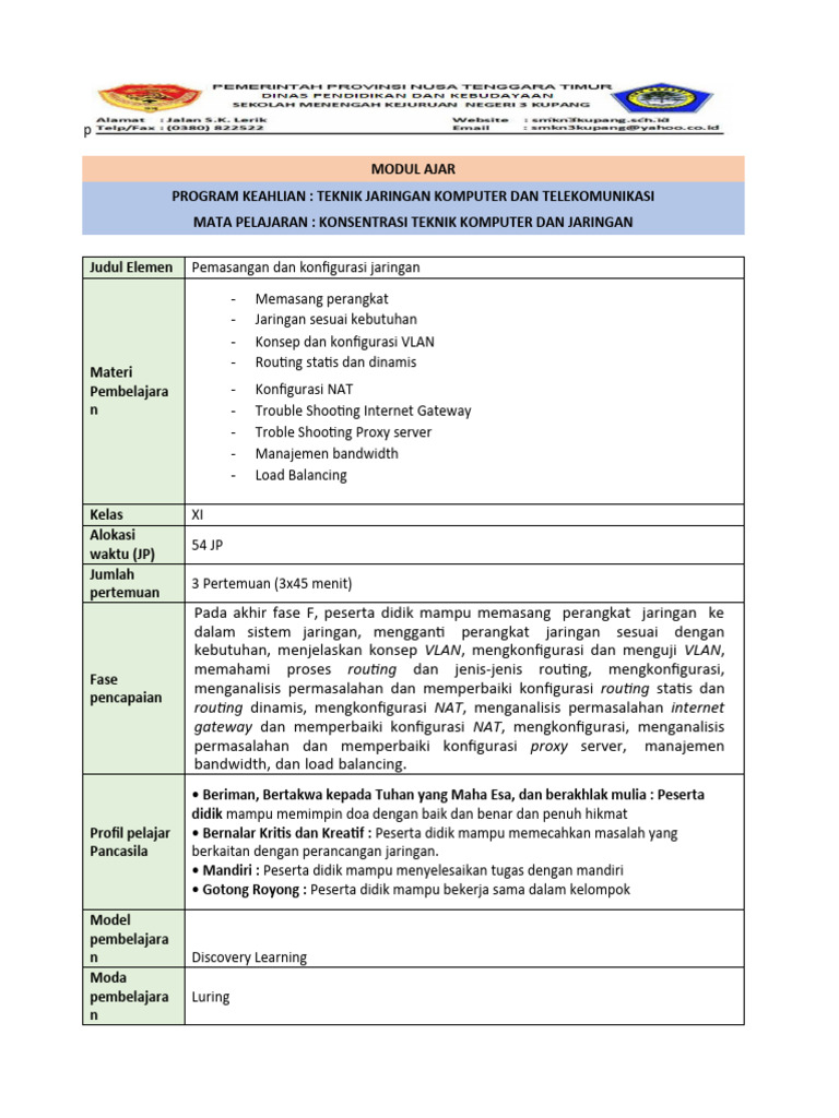 MODUL AJAR Pemasangan Dan Konfigurasi Jaringan | PDF MODUL AJAR Pemasangan Dan Konfigurasi Jaringan | PDF