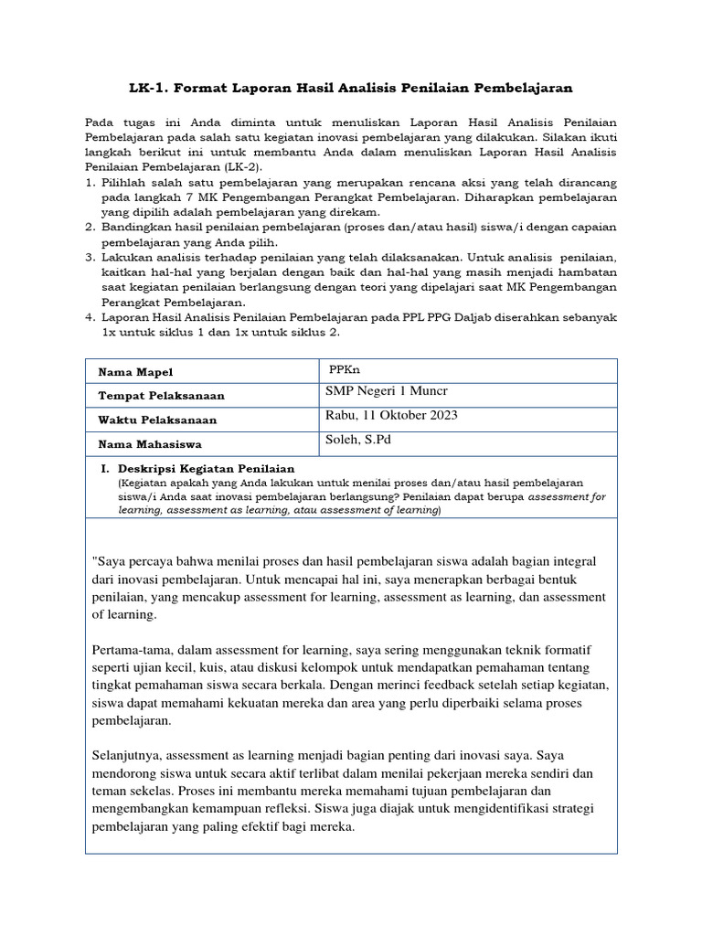 Laporan Hasil Analisis Penilaian Pembelajaran | PDF | Karier & Perkembangan