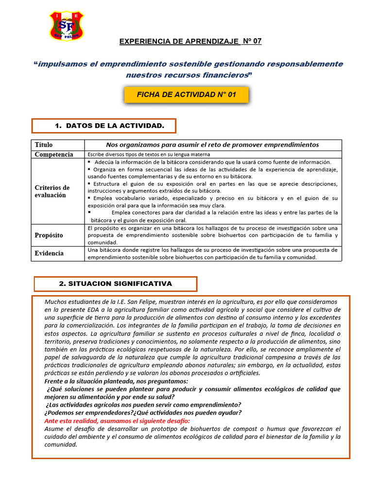 EDA 7. ACT. 01 - Escribe | PDF | Iniciativa empresarial | Agricultura