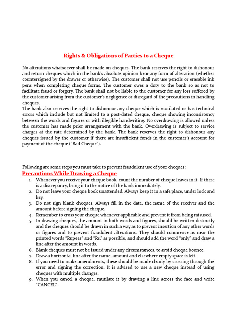 Rights & Obligations of Parties To A Cheque | Download Free PDF ...
