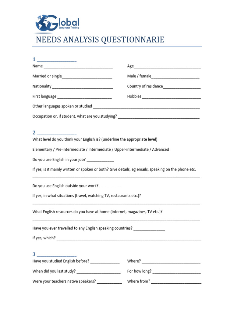 Sample Needs Analysis Questionnaire | PDF | English Language | Human ...