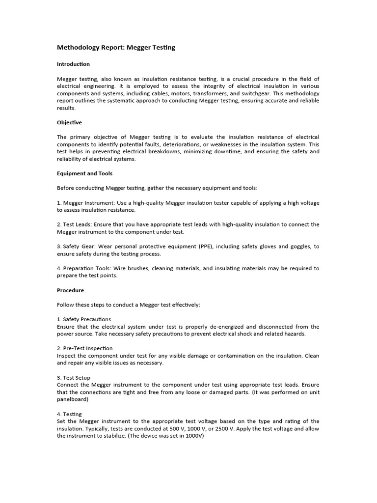 Methodology Report (Megger Testing) | PDF | Insulator (Electricity ...