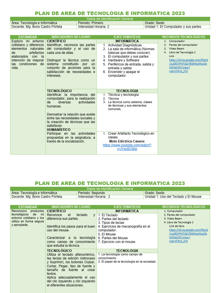 Plan de Area de Tecnologia e Informatica 2023 | PDF | Informática | Microsoft Excel