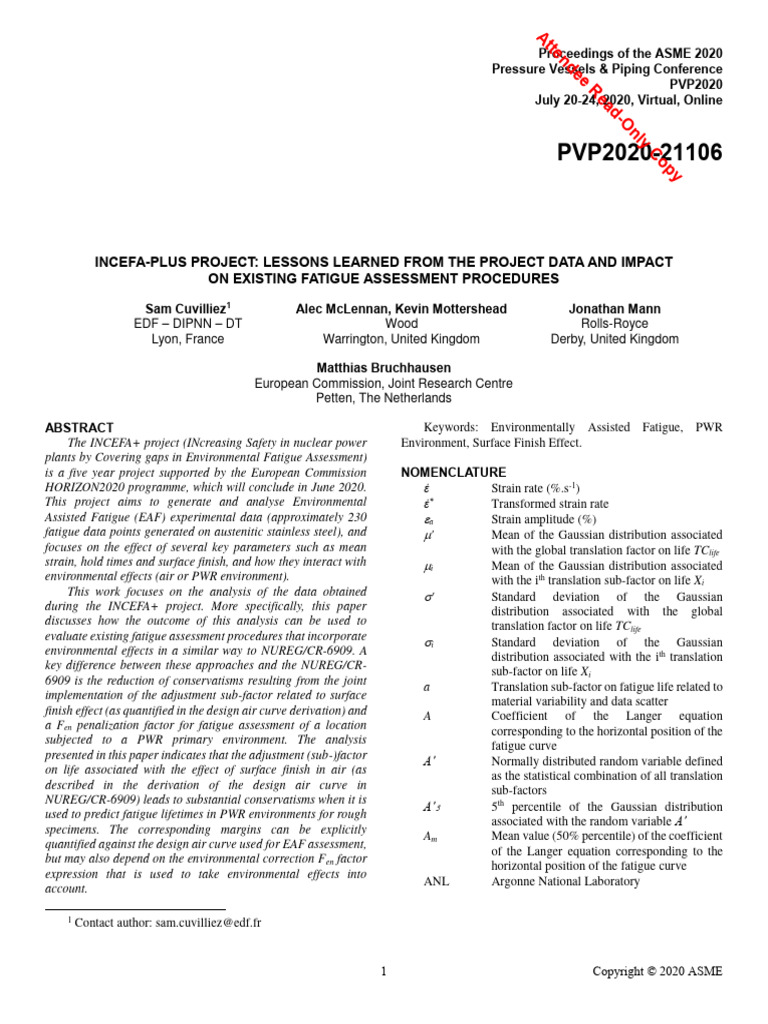 PVP2020-21106 INCEFA-PLUS Project | PDF | Fatigue (Material ...