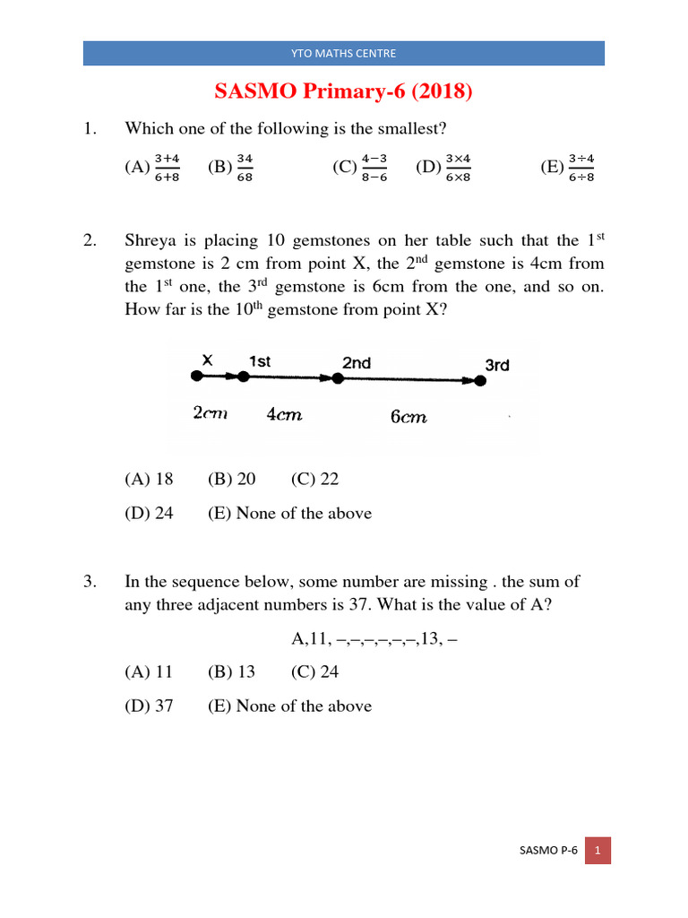 SASMO 2018 Grade-6 | PDF | Mathematics
