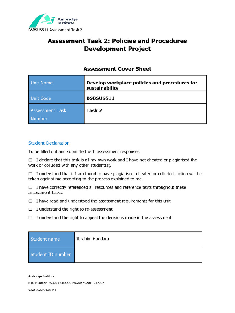 Assessment Task 2-BSBSUS511 | PDF | Sustainability | Performance Indicator