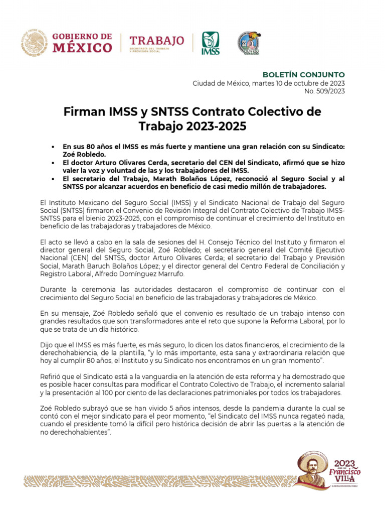 Boletín Conjunto. Firman IMSS y SNTSS Contrato Colectivo de Trabajo 2023-2025 | PDF | Sindicato